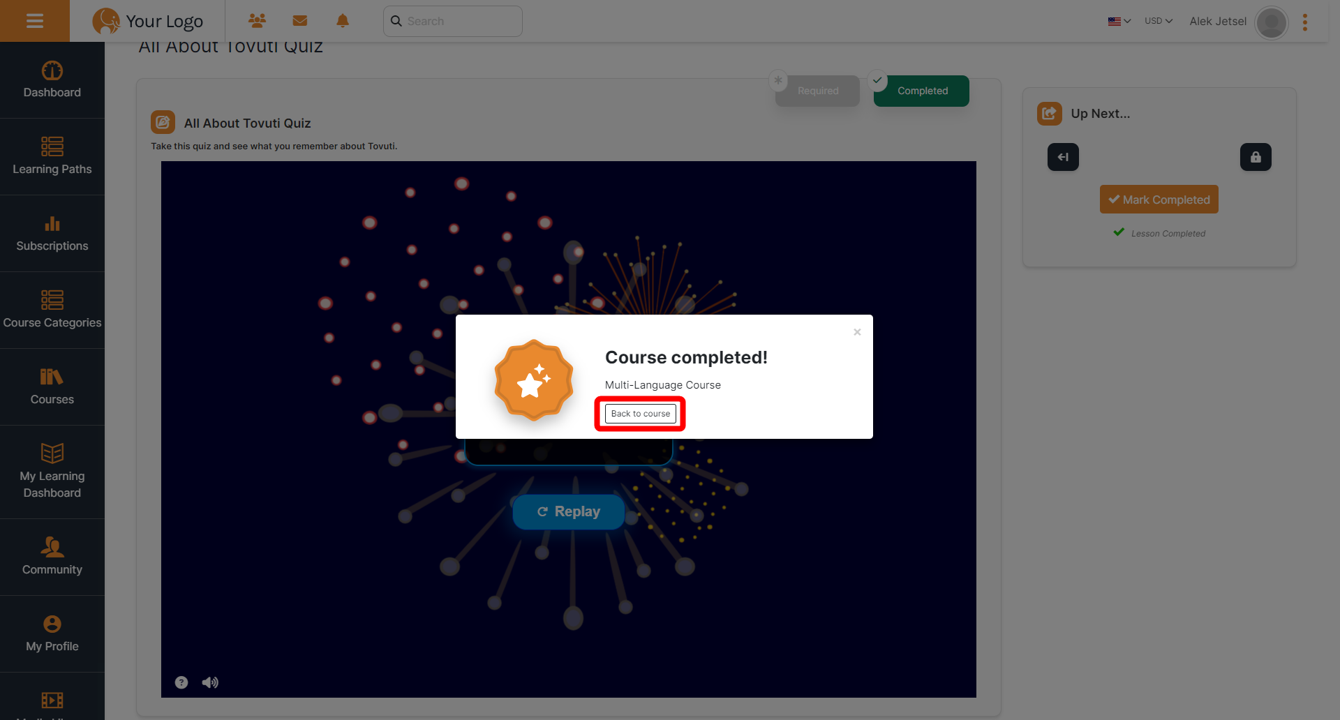 Enable a “Course Complete” Alert – Tovuti Help Center