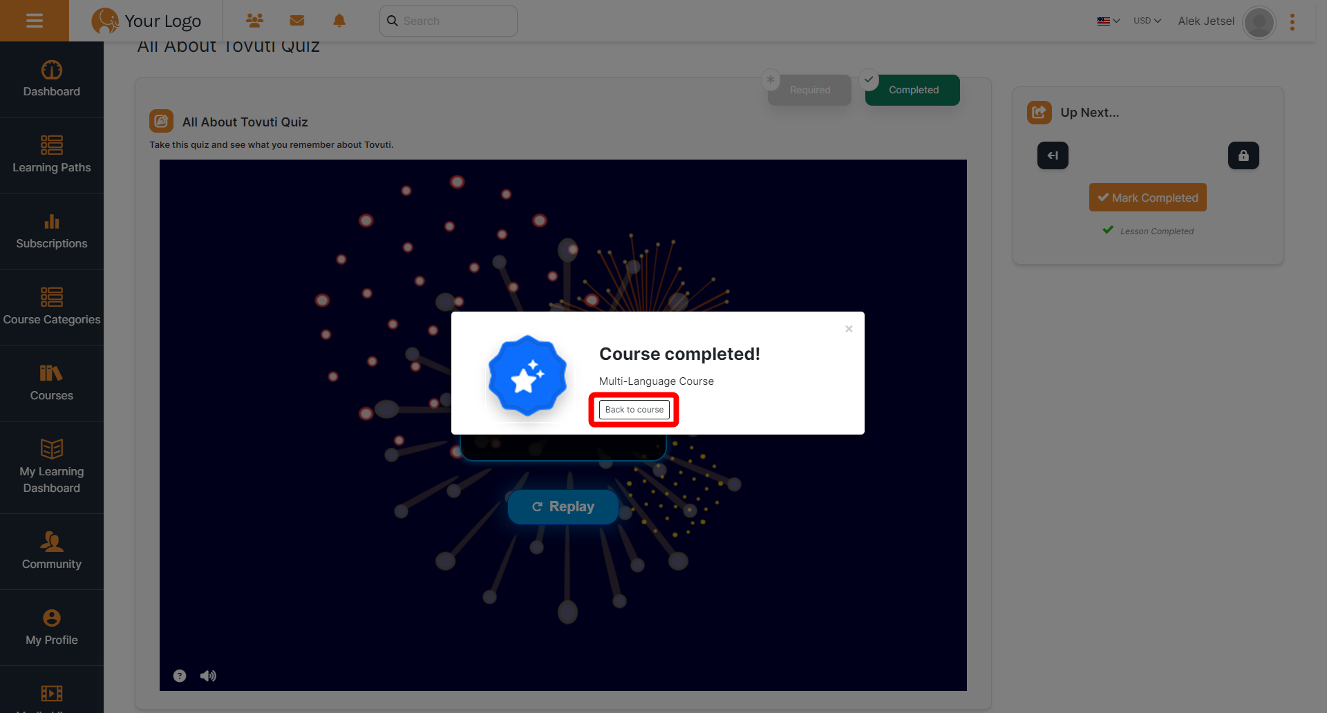 Enable a “Course Complete” Alert – Tovuti Help Center