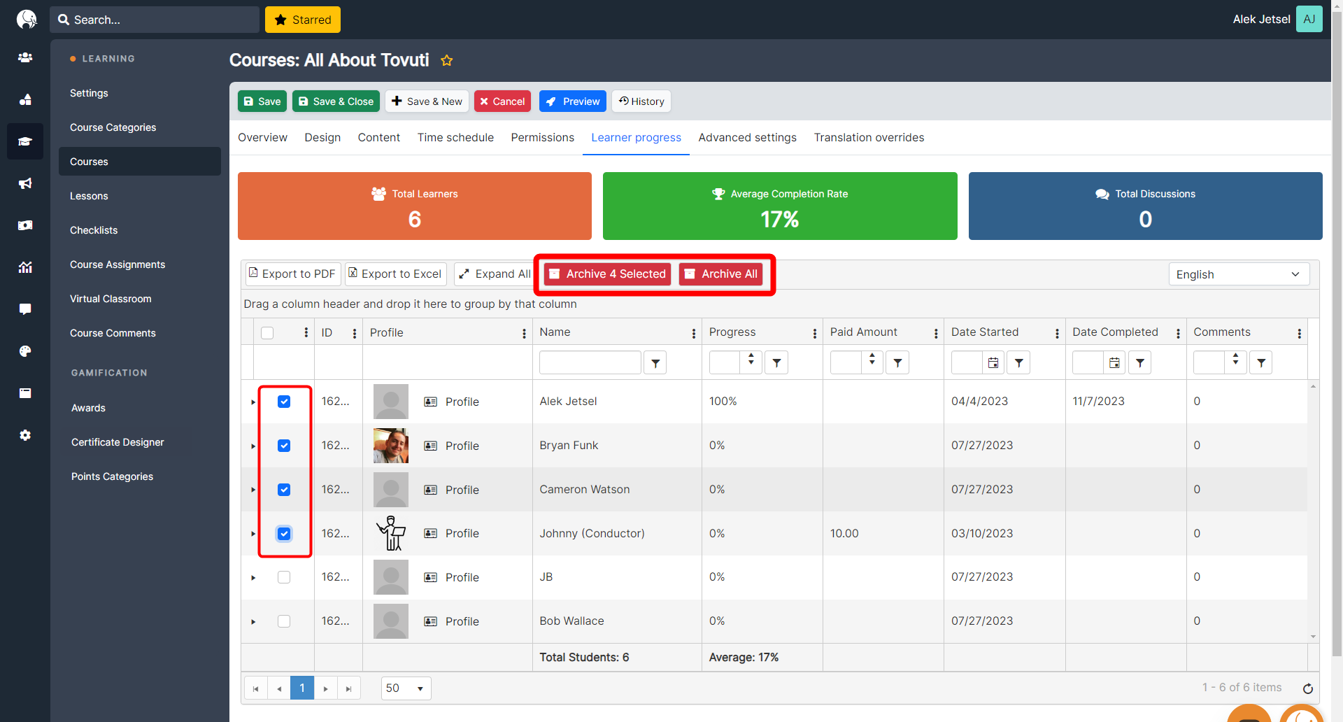 Archive Course Progress (Bulk) – Tovuti Help Center